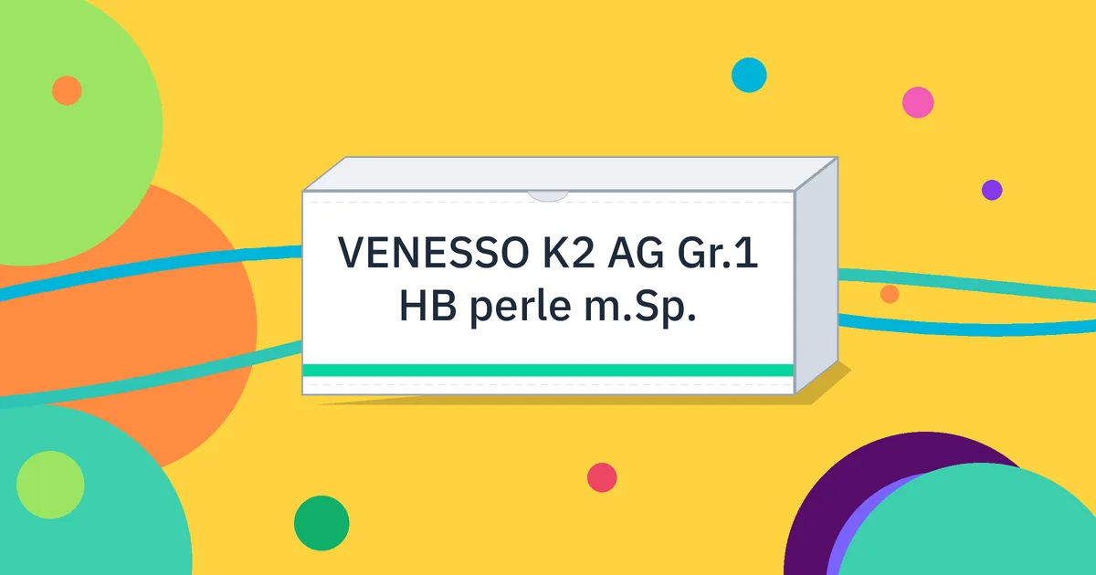 Symbolbild: Packung mit der Aufschrift VENESSO K2 AG Gr.1 HB perle m.Sp. (PZN 03262692) – Verfügbarkeit und Bezug in Apotheken in Frankfurt am Main
