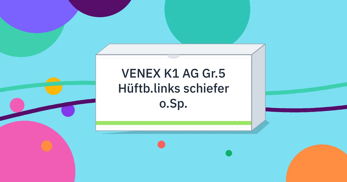 Symbolbild: Packung mit der Aufschrift VENEX K1 AG Gr.5 Hüftb.links schiefer o.Sp. (PZN 03206340) – Verfügbarkeit und Bezug in Apotheken in Frankfurt am Main