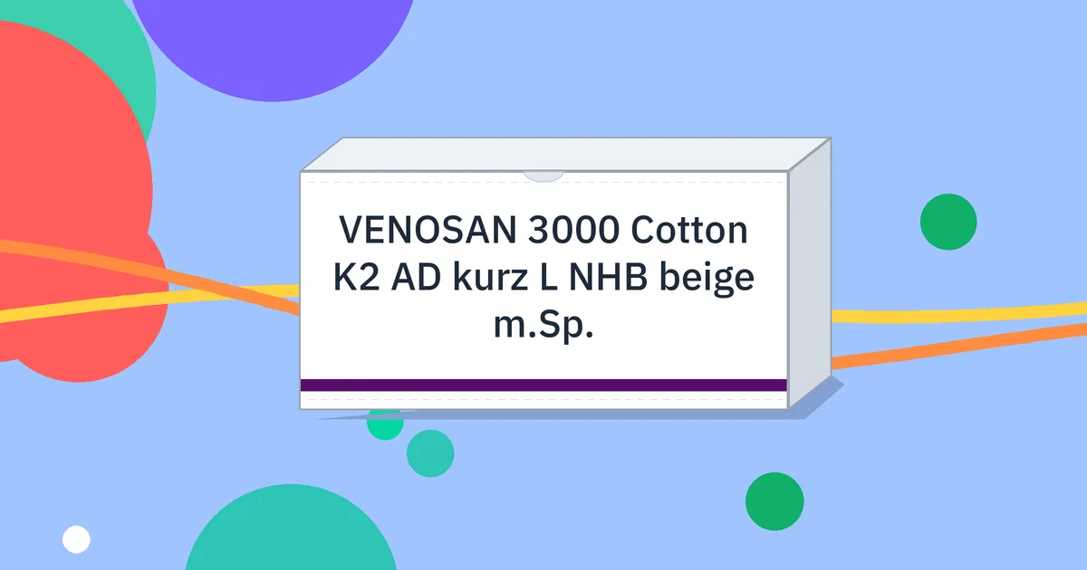 Symbolbild: Packung mit der Aufschrift VENOSAN 3000 Cotton K2 AD kurz L NHB beige m.Sp. (PZN 14421490) – Verfügbarkeit und Bezug in Apotheken in Frankfurt am Main