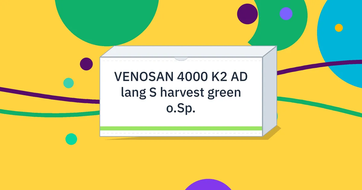 Symbolbild: Packung mit der Aufschrift VENOSAN 4000 K2 AD lang S harvest green o.Sp. (PZN 18847381) – Verfügbarkeit und Bezug in Apotheken in Frankfurt am Main