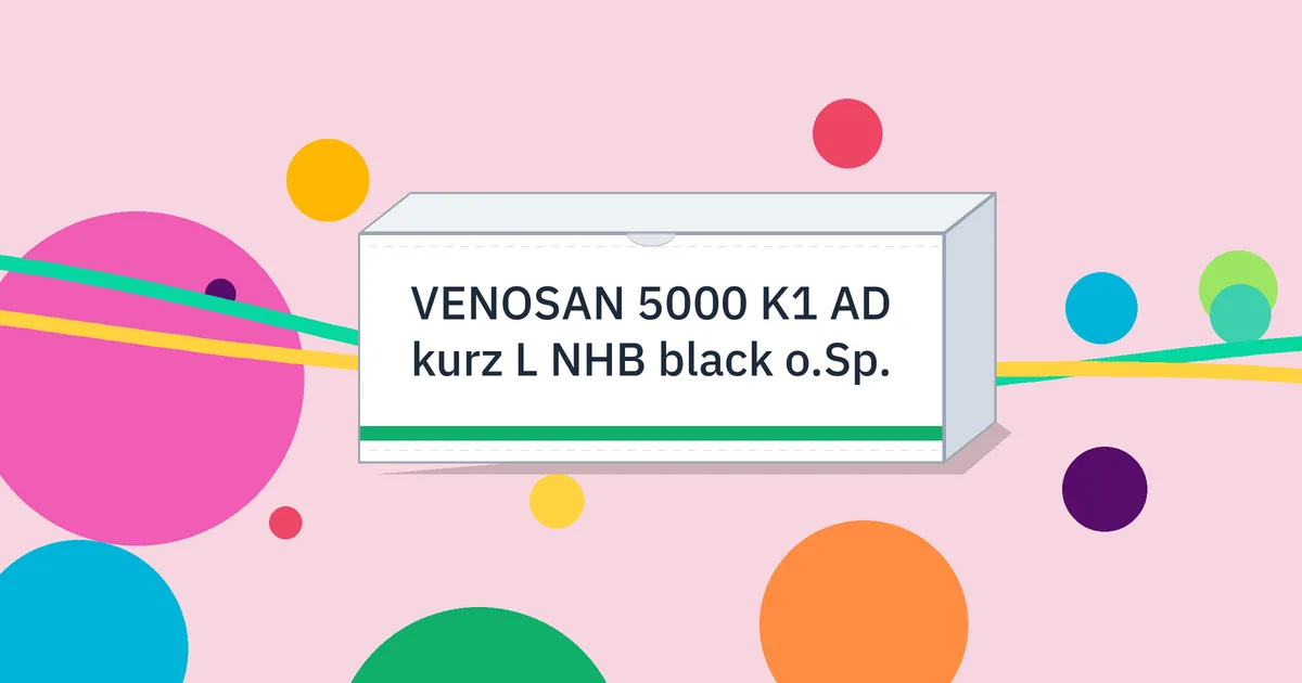Symbolbild: Packung mit der Aufschrift VENOSAN 5000 K1 AD kurz L NHB black o.Sp. (PZN 14432683) – Verfügbarkeit und Bezug in Apotheken in Frankfurt am Main