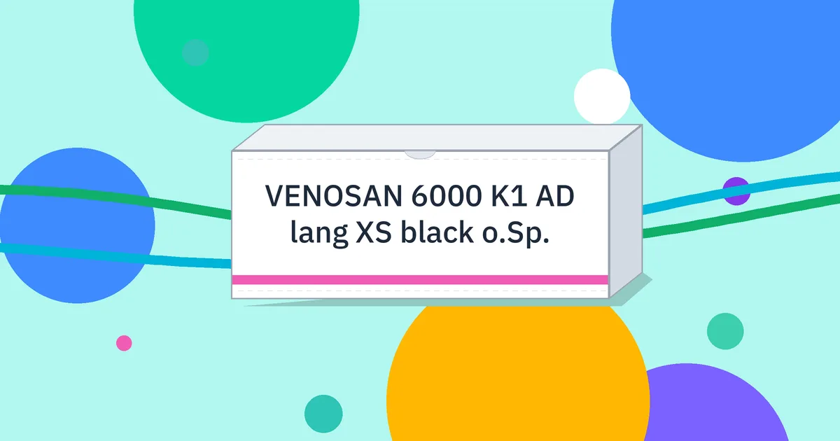 Symbolbild: Packung mit der Aufschrift VENOSAN 6000 K1 AD lang XS black o.Sp. (PZN 17171177) – Verfügbarkeit und Bezug in Apotheken in Frankfurt am Main