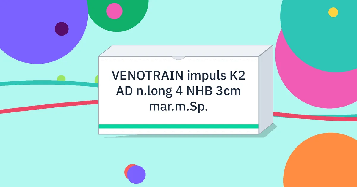 Symbolbild: Packung mit der Aufschrift VENOTRAIN impuls K2 AD n.long 4 NHB 3cm mar.m.Sp. (PZN 15223510) – Verfügbarkeit und Bezug in Apotheken in Frankfurt am Main