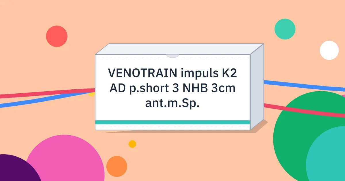 Symbolbild: Packung mit der Aufschrift VENOTRAIN impuls K2 AD p.short 3 NHB 3cm ant.m.Sp. (PZN 15224165) – Verfügbarkeit und Bezug in Apotheken in Frankfurt am Main