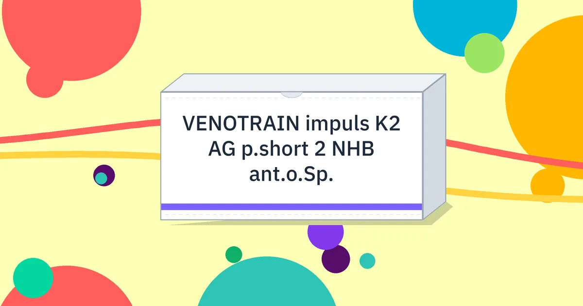 Symbolbild: Packung mit der Aufschrift VENOTRAIN impuls K2 AG p.short 2 NHB ant.o.Sp. (PZN 15215060) – Verfügbarkeit und Bezug in Apotheken in Frankfurt am Main