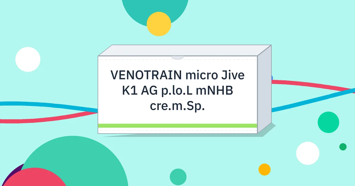 Symbolbild: Packung mit der Aufschrift VENOTRAIN micro Jive K1 AG p.lo.L mNHB cre.m.Sp. (PZN 17757977) – Verfügbarkeit und Bezug in Apotheken in Frankfurt am Main