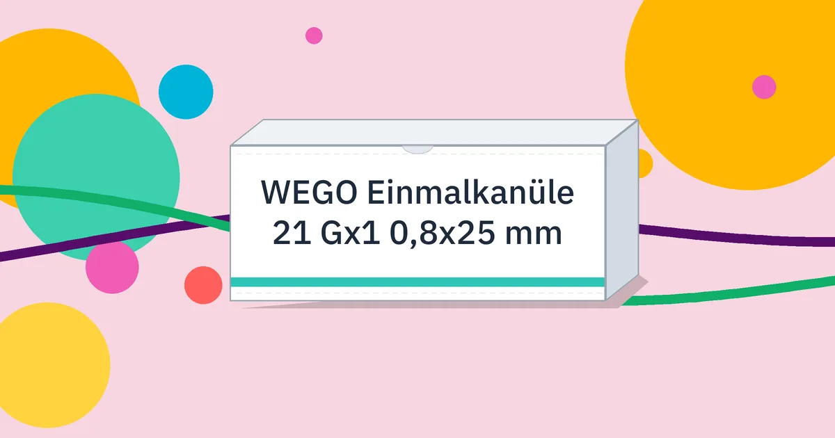 Symbolbild: Packung mit der Aufschrift WEGO Einmalkanüle 21 Gx1 0,8x25 mm (PZN 18859616) – Verfügbarkeit und Bezug in Apotheken in Frankfurt am Main
