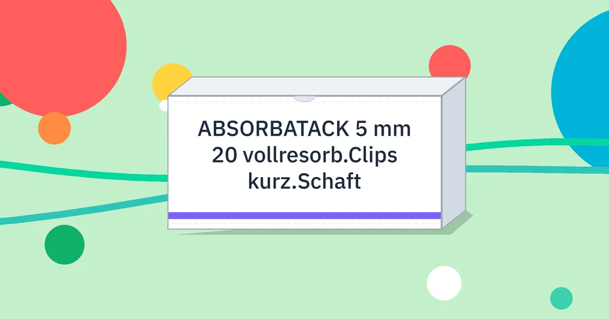 Symbolbild: Packung mit der Aufschrift ABSORBATACK 5 mm 20 vollresorb.Clips kurz.Schaft (PZN 07602699) – Verfügbarkeit und Bezug in Apotheken in Frankfurt am Main