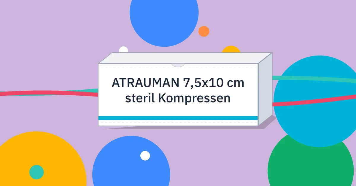 Symbolbild: Packung mit der Aufschrift ATRAUMAN 7,5x10 cm steril Kompressen (PZN 12892423) – Verfügbarkeit und Bezug in Apotheken in Frankfurt am Main