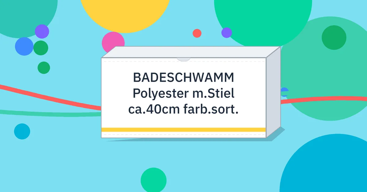 Symbolbild: Packung mit der Aufschrift BADESCHWAMM Polyester m.Stiel ca.40cm farb.sort. (PZN 16500414) – Verfügbarkeit und Bezug in Apotheken in Frankfurt am Main