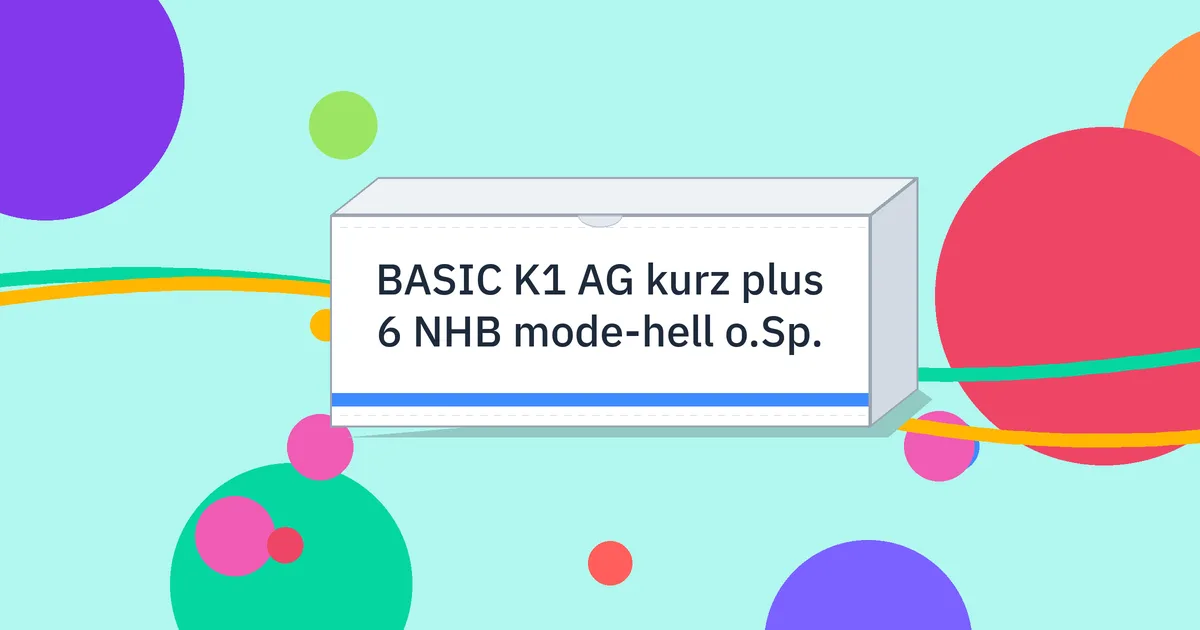 Symbolbild: Packung mit der Aufschrift BASIC K1 AG kurz plus 6 NHB mode-hell o.Sp. (PZN 20261889) – Verfügbarkeit und Bezug in Apotheken in Frankfurt am Main
