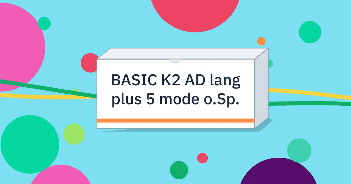 Symbolbild: Packung mit der Aufschrift BASIC K2 AD lang plus 5 mode o.Sp. (PZN 20265522) – Verfügbarkeit und Bezug in Apotheken in Frankfurt am Main