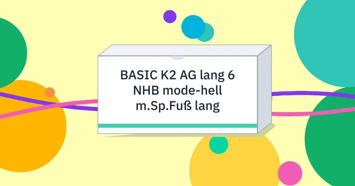 Symbolbild: Packung mit der Aufschrift BASIC K2 AG lang 6 NHB mode-hell m.Sp.Fuß lang (PZN 20268383) – Verfügbarkeit und Bezug in Apotheken in Frankfurt am Main