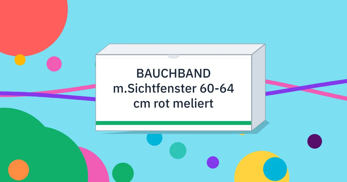 Symbolbild: Packung mit der Aufschrift BAUCHBAND m.Sichtfenster 60-64 cm rot meliert (PZN 13917148) – Verfügbarkeit und Bezug in Apotheken in Frankfurt am Main