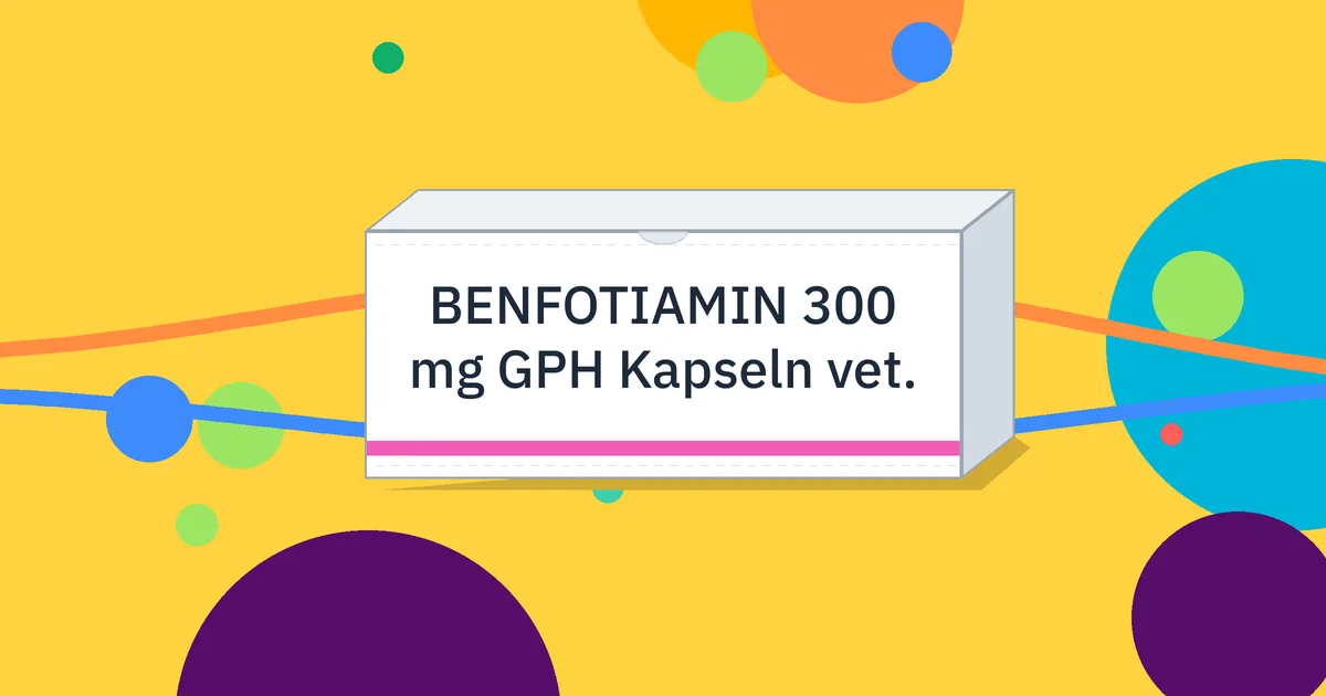 Symbolbild: Packung mit der Aufschrift BENFOTIAMIN 300 mg GPH Kapseln vet. (PZN 19248429) – Verfügbarkeit und Bezug in Apotheken in Frankfurt am Main
