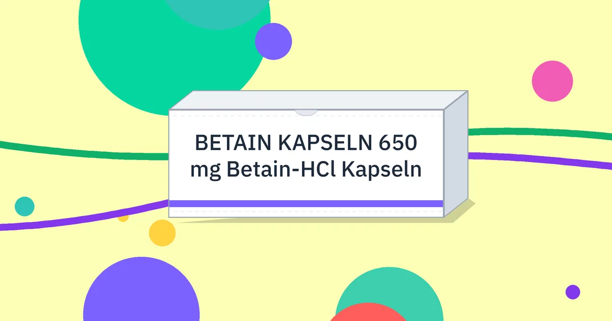 Symbolbild: Packung mit der Aufschrift BETAIN KAPSELN 650 mg Betain-HCl Kapseln (PZN 12658963) – Verfügbarkeit und Bezug in Apotheken in Frankfurt am Main