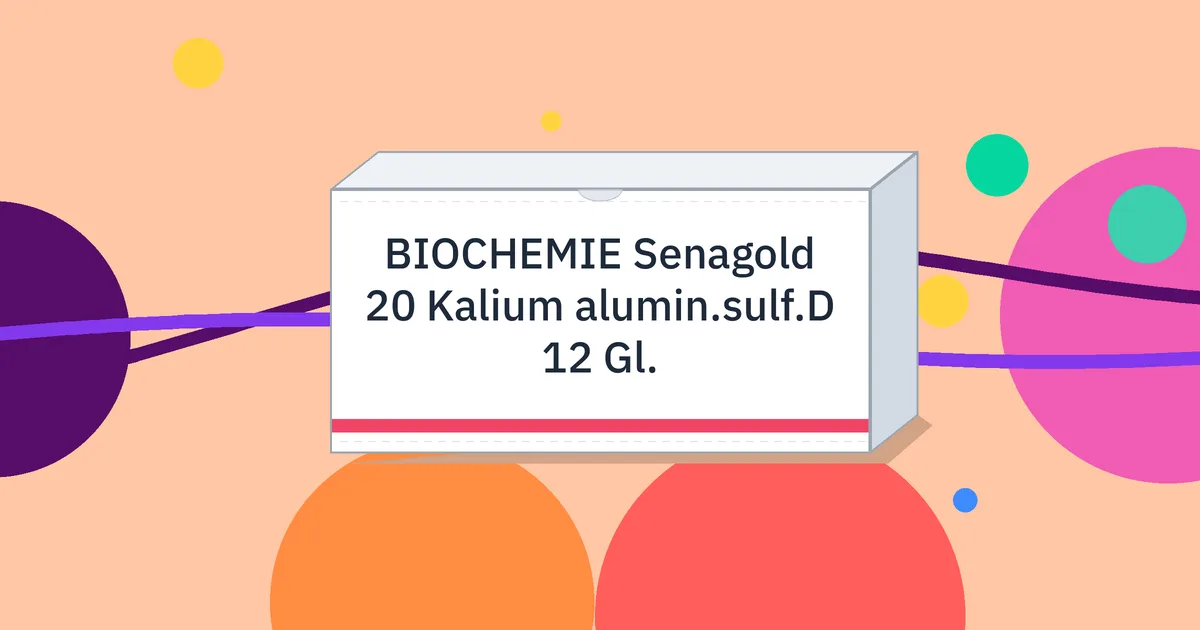 Symbolbild: Packung mit der Aufschrift BIOCHEMIE Senagold 20 Kalium alumin.sulf.D 12 Gl. (PZN 09215038) – Verfügbarkeit und Bezug in Apotheken in Frankfurt am Main