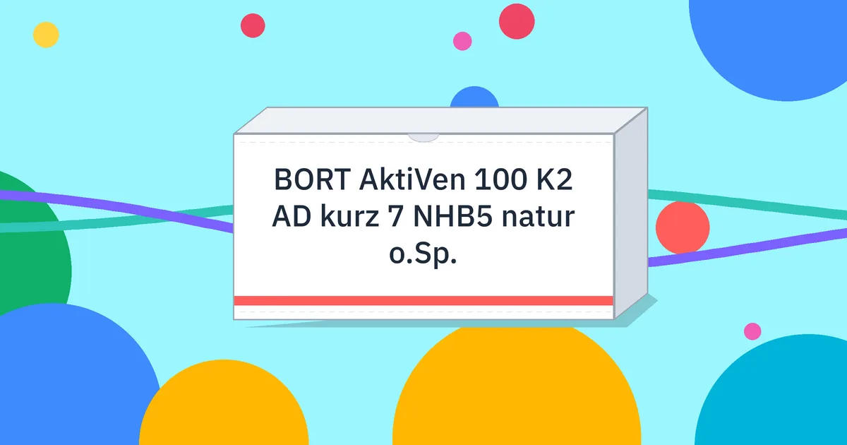 Symbolbild: Packung mit der Aufschrift BORT AktiVen 100 K2 AD kurz 7 NHB5 natur o.Sp. (PZN 17493946) – Verfügbarkeit und Bezug in Apotheken in Frankfurt am Main
