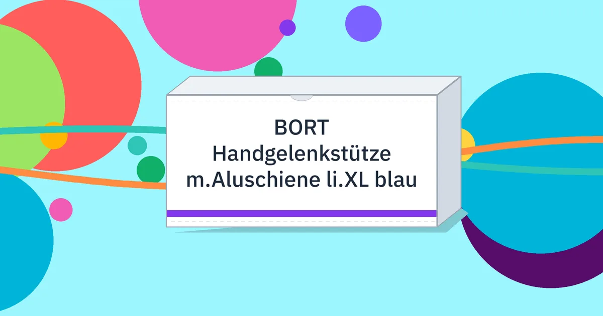 Symbolbild: Packung mit der Aufschrift BORT Handgelenkstütze m.Aluschiene li.XL blau (PZN 00945410) – Verfügbarkeit und Bezug in Apotheken in Frankfurt am Main