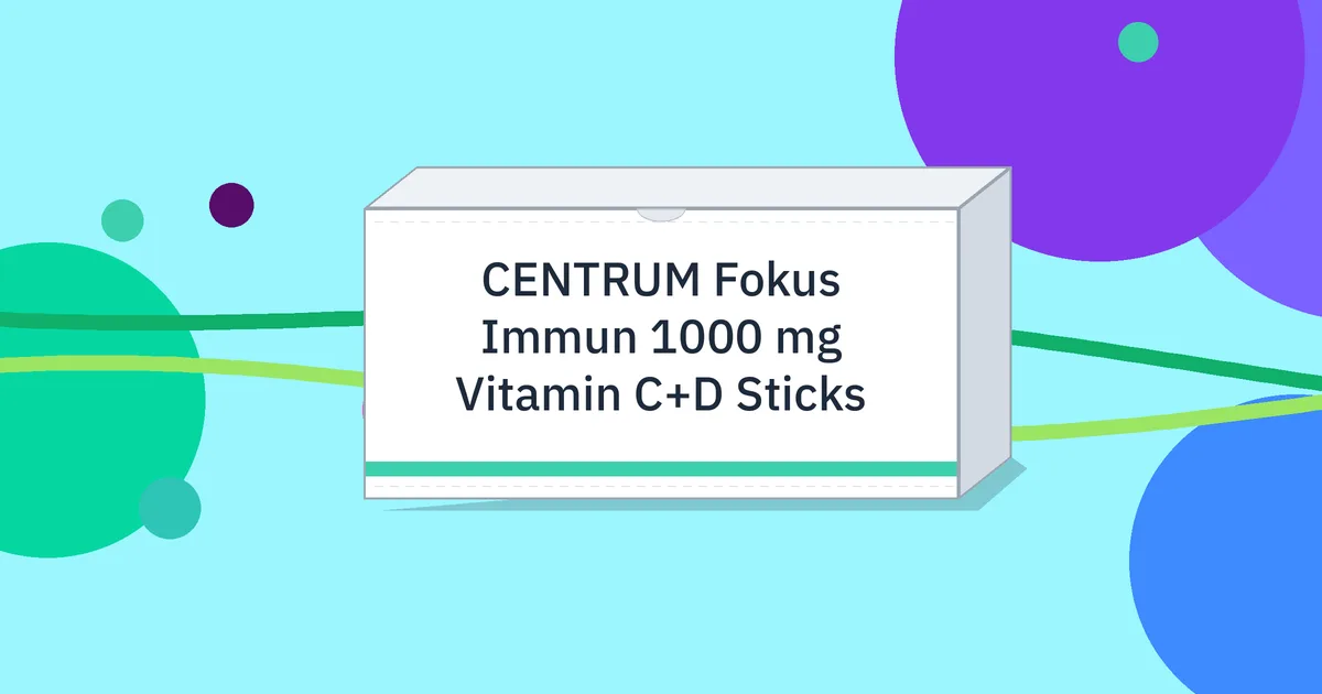 Symbolbild: Packung mit der Aufschrift CENTRUM Fokus Immun 1000 mg Vitamin C+D Sticks (PZN 13511860) – Verfügbarkeit und Bezug in Apotheken in Frankfurt am Main