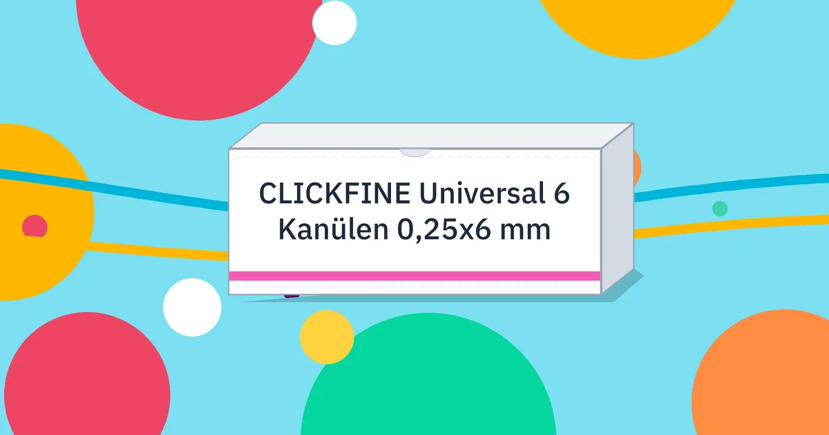 Symbolbild: Packung mit der Aufschrift CLICKFINE Universal 6 Kanülen 0,25x6 mm (PZN 02891598) – Verfügbarkeit und Bezug in Apotheken in Frankfurt am Main