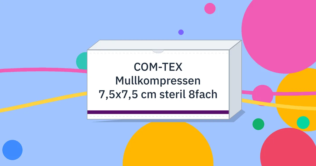 Symbolbild: Packung mit der Aufschrift COM-TEX Mullkompressen 7,5x7,5 cm steril 8fach (PZN 00025218) – Verfügbarkeit und Bezug in Apotheken in Frankfurt am Main