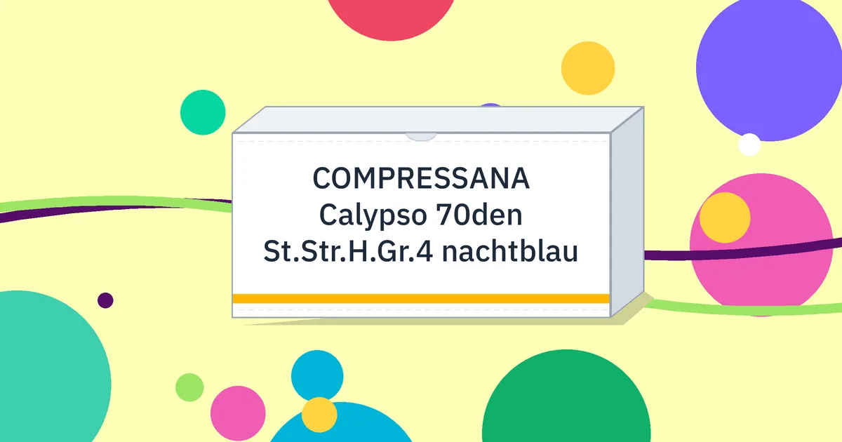 Symbolbild: Packung mit der Aufschrift COMPRESSANA Calypso 70den St.Str.H.Gr.4 nachtblau (PZN 07718864) – Verfügbarkeit und Bezug in Apotheken in Frankfurt am Main