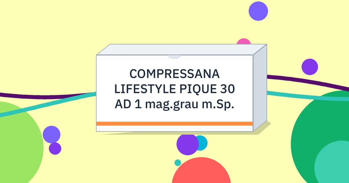 Symbolbild: Packung mit der Aufschrift COMPRESSANA LIFESTYLE PIQUE 30 AD 1 mag.grau m.Sp. (PZN 19689613) – Verfügbarkeit und Bezug in Apotheken in Frankfurt am Main
