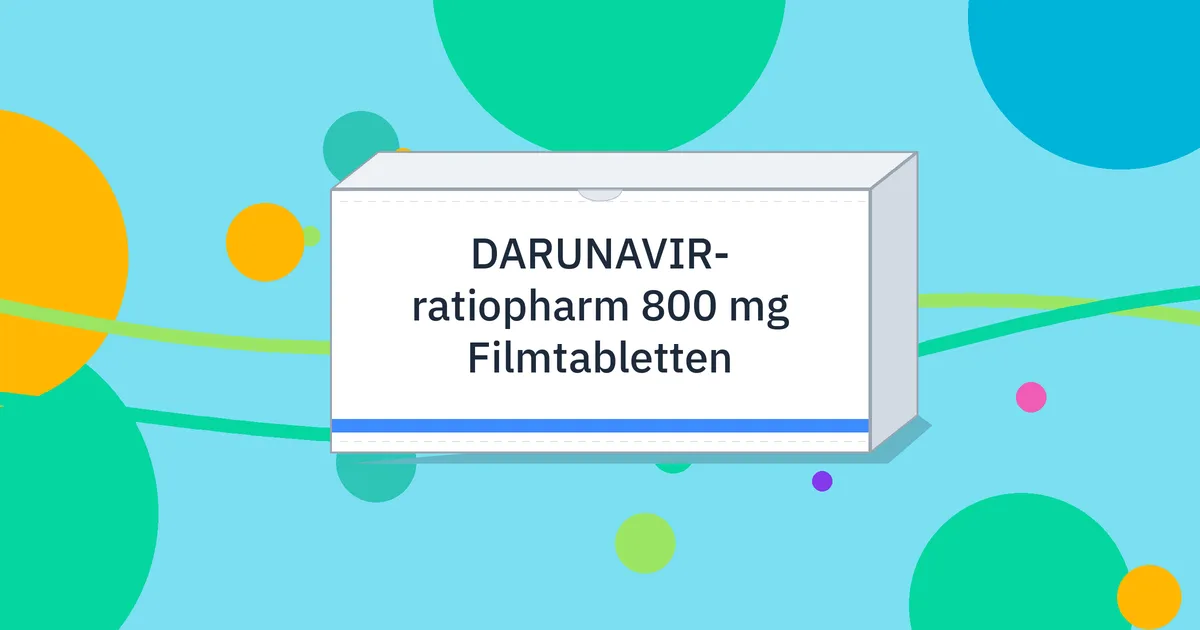 Symbolbild: Packung mit der Aufschrift DARUNAVIR-ratiopharm 800 mg Filmtabletten (PZN 14052331) – Verfügbarkeit und Bezug in Apotheken in Frankfurt am Main