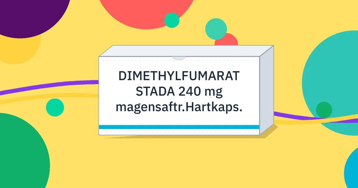 Symbolbild: Packung mit der Aufschrift DIMETHYLFUMARAT STADA 240 mg magensaftr.Hartkaps. (PZN 19505955) – Verfügbarkeit und Bezug in Apotheken in Frankfurt am Main