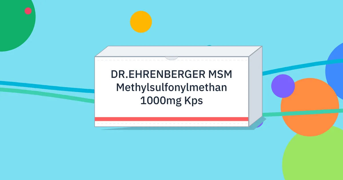 Symbolbild: Packung mit der Aufschrift DR.EHRENBERGER MSM Methylsulfonylmethan 1000mg Kps (PZN 15233483) – Verfügbarkeit und Bezug in Apotheken in Frankfurt am Main
