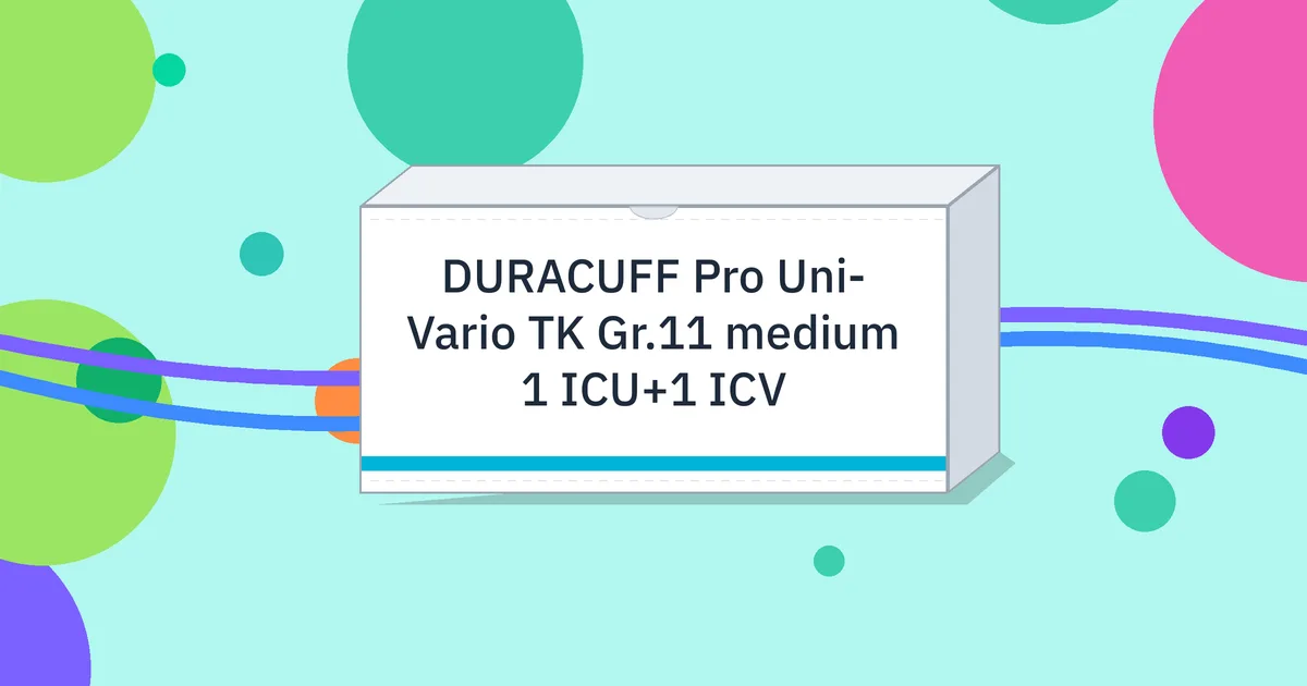Symbolbild: Packung mit der Aufschrift DURACUFF Pro Uni-Vario TK Gr.11 medium 1 ICU+1 ICV (PZN 19244992) – Verfügbarkeit und Bezug in Apotheken in Frankfurt am Main