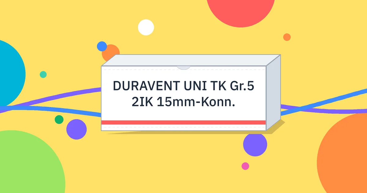Symbolbild: Packung mit der Aufschrift DURAVENT UNI TK Gr.5 2IK 15mm-Konn. (PZN 04459876) – Verfügbarkeit und Bezug in Apotheken in Frankfurt am Main