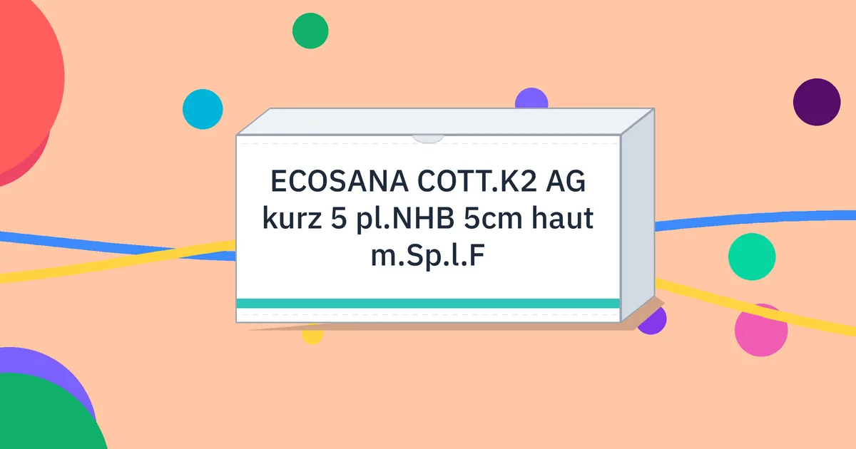 Symbolbild: Packung mit der Aufschrift ECOSANA COTT.K2 AG kurz 5 pl.NHB 5cm haut m.Sp.l.F (PZN 16950560) – Verfügbarkeit und Bezug in Apotheken in Frankfurt am Main