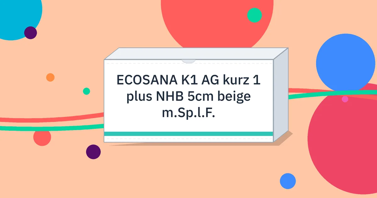 Symbolbild: Packung mit der Aufschrift ECOSANA K1 AG kurz 1 plus NHB 5cm beige m.Sp.l.F. (PZN 04726076) – Verfügbarkeit und Bezug in Apotheken in Frankfurt am Main