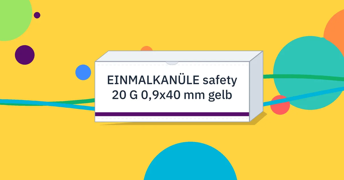 Symbolbild: Packung mit der Aufschrift EINMALKANÜLE safety 20 G 0,9x40 mm gelb (PZN 18717649) – Verfügbarkeit und Bezug in Apotheken in Frankfurt am Main