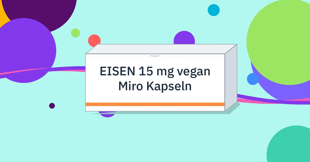 Symbolbild: Packung mit der Aufschrift EISEN 15 mg vegan Miro Kapseln (PZN 15737255) – Verfügbarkeit und Bezug in Apotheken in Frankfurt am Main