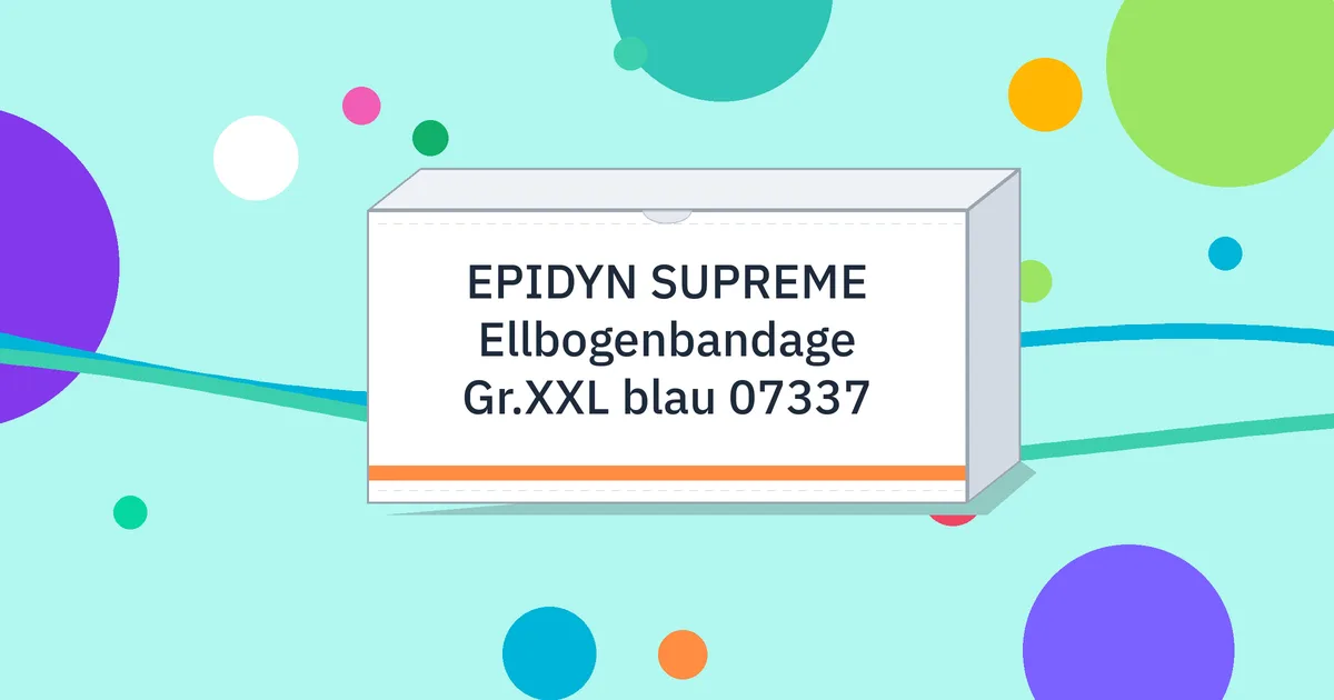 Symbolbild: Packung mit der Aufschrift EPIDYN SUPREME Ellbogenbandage Gr.XXL blau 07337 (PZN 16931491) – Verfügbarkeit und Bezug in Apotheken in Frankfurt am Main