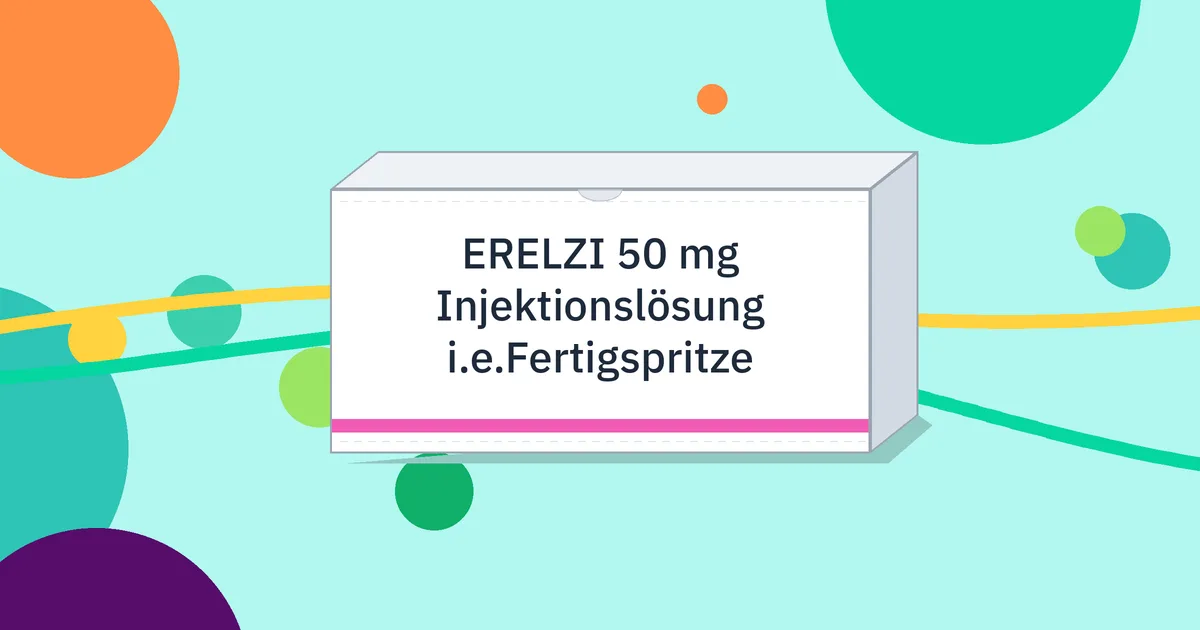 Symbolbild: Packung mit der Aufschrift ERELZI 50 mg Injektionslösung i.e.Fertigspritze (PZN 16958030) – Verfügbarkeit und Bezug in Apotheken in Frankfurt am Main
