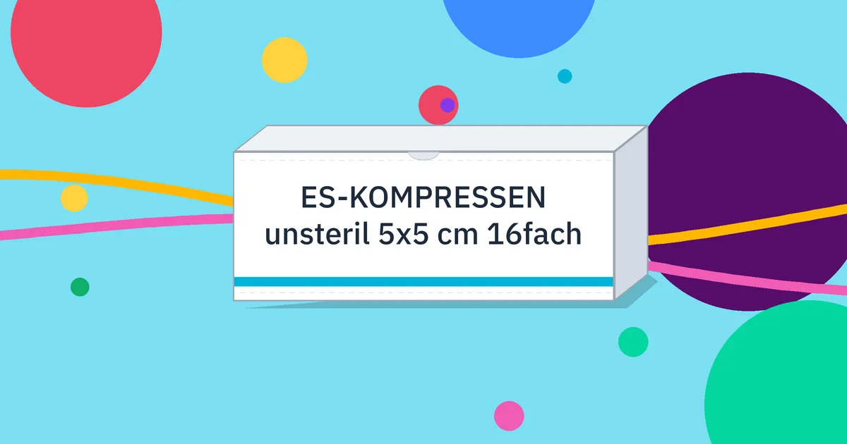 Symbolbild: Packung mit der Aufschrift ES-KOMPRESSEN unsteril 5x5 cm 16fach (PZN 17451729) – Verfügbarkeit und Bezug in Apotheken in Frankfurt am Main