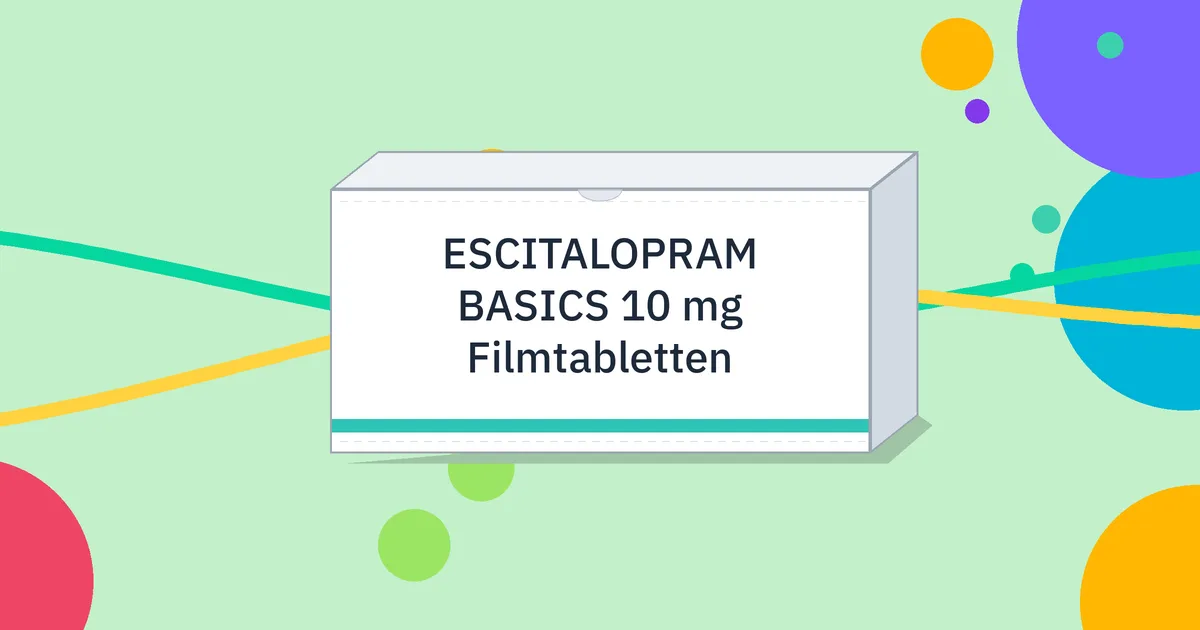 Symbolbild: Packung mit der Aufschrift ESCITALOPRAM BASICS 10 mg Filmtabletten (PZN 10206530) – Verfügbarkeit und Bezug in Apotheken in Frankfurt am Main