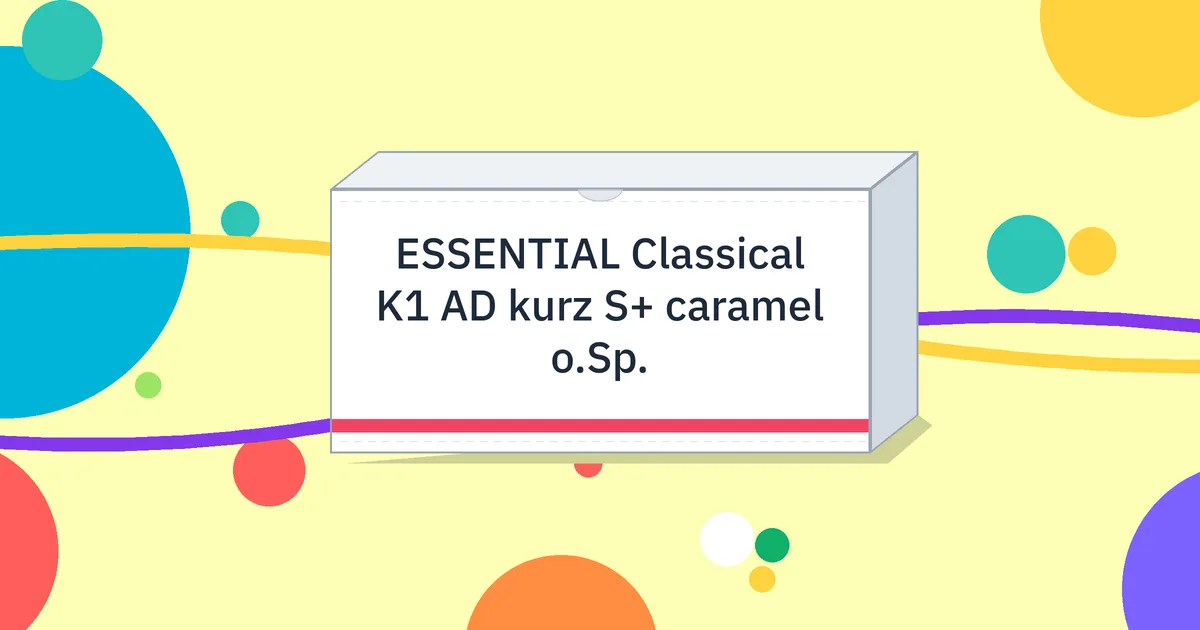 Symbolbild: Packung mit der Aufschrift ESSENTIAL Classical K1 AD kurz S+ caramel o.Sp. (PZN 17009100) – Verfügbarkeit und Bezug in Apotheken in Frankfurt am Main