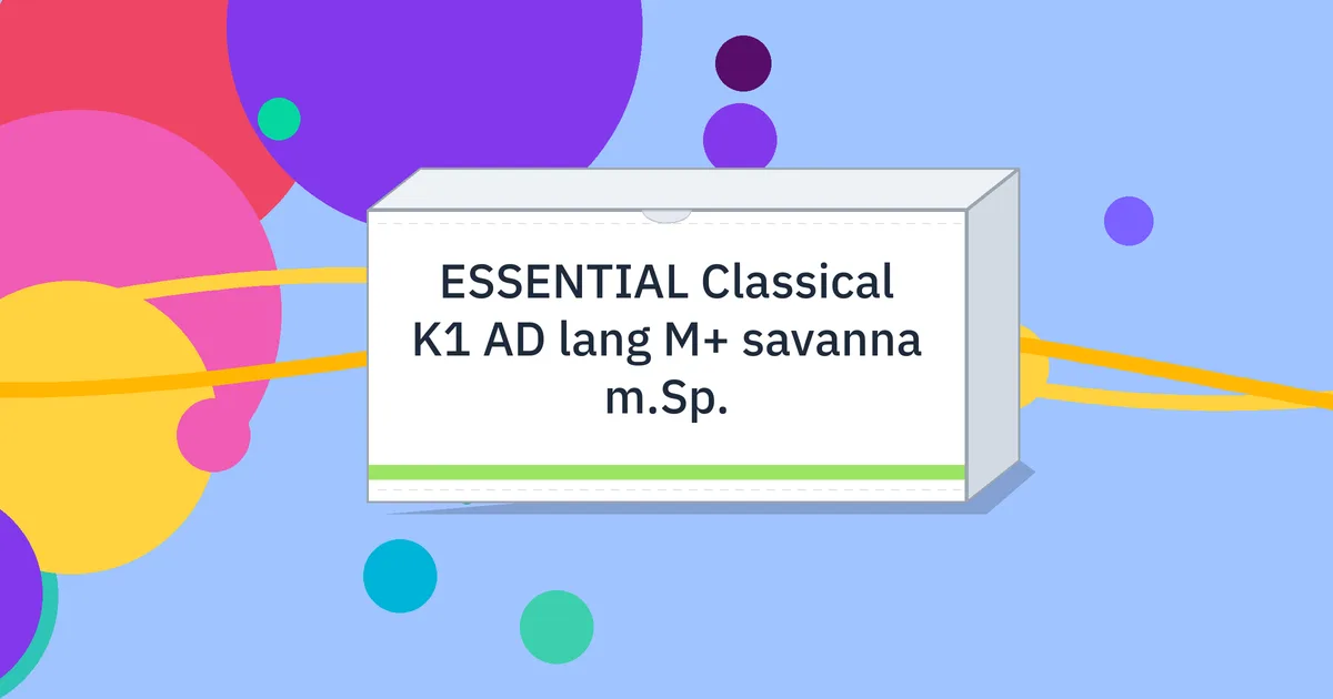 Symbolbild: Packung mit der Aufschrift ESSENTIAL Classical K1 AD lang M+ savanna m.Sp. (PZN 17000033) – Verfügbarkeit und Bezug in Apotheken in Frankfurt am Main