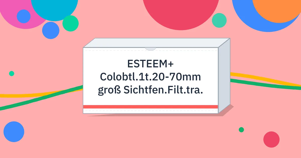 Symbolbild: Packung mit der Aufschrift ESTEEM+ Colobtl.1t.20-70mm groß Sichtfen.Filt.tra. (PZN 13233177) – Verfügbarkeit und Bezug in Apotheken in Frankfurt am Main