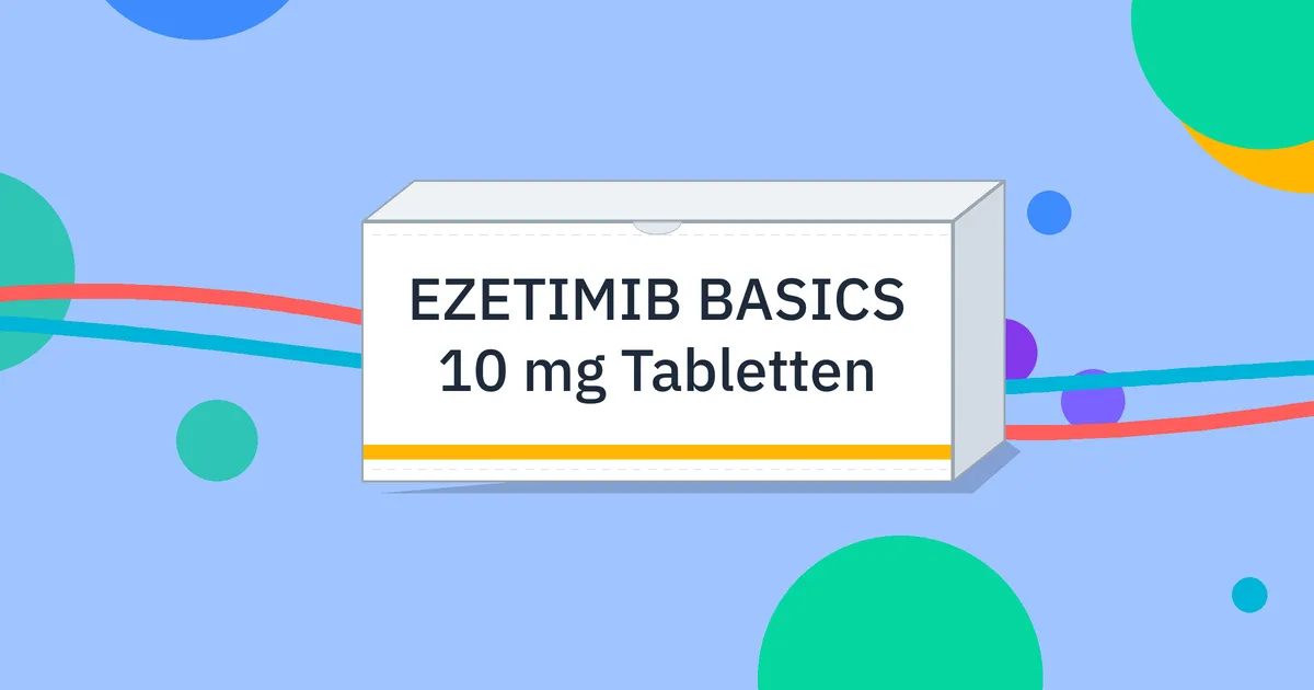 Symbolbild: Packung mit der Aufschrift EZETIMIB BASICS 10 mg Tabletten (PZN 13879577) – Verfügbarkeit und Bezug in Apotheken in Frankfurt am Main