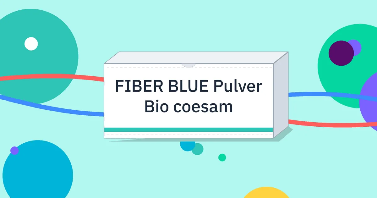 Symbolbild: Packung mit der Aufschrift FIBER BLUE Pulver Bio coesam (PZN 12545638) – Verfügbarkeit und Bezug in Apotheken in Frankfurt am Main