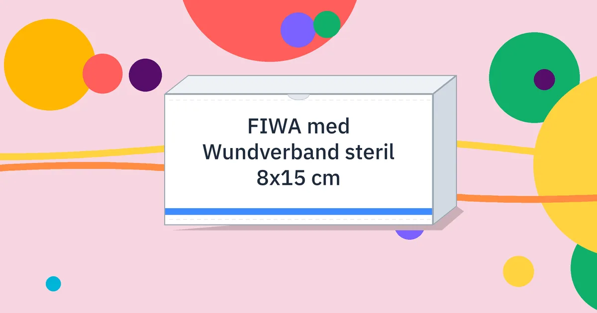 Symbolbild: Packung mit der Aufschrift FIWA med Wundverband steril 8x15 cm (PZN 19813378) – Verfügbarkeit und Bezug in Apotheken in Frankfurt am Main