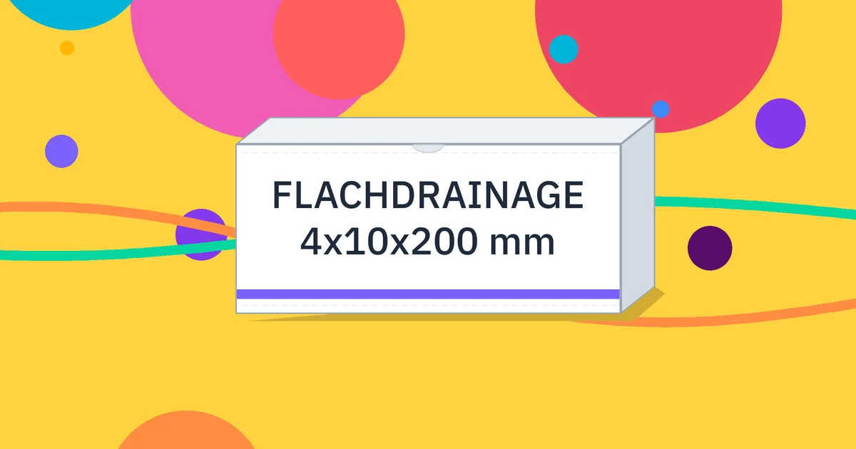 Symbolbild: Packung mit der Aufschrift FLACHDRAINAGE 4x10x200 mm (PZN 18030881) – Verfügbarkeit und Bezug in Apotheken in Frankfurt am Main