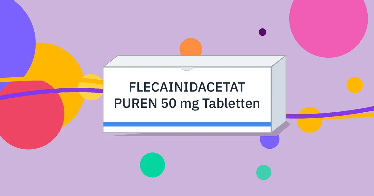 Symbolbild: Packung mit der Aufschrift FLECAINIDACETAT PUREN 50 mg Tabletten (PZN 13249971) – Verfügbarkeit und Bezug in Apotheken in Frankfurt am Main