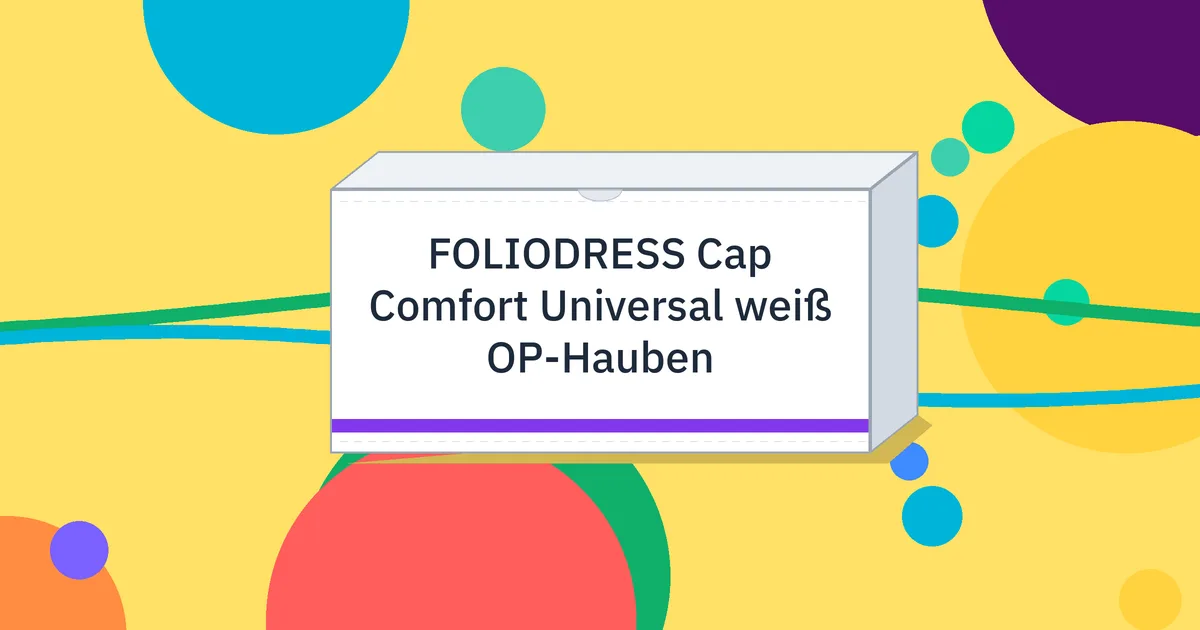 Symbolbild: Packung mit der Aufschrift FOLIODRESS Cap Comfort Universal weiß OP-Hauben (PZN 00840645) – Verfügbarkeit und Bezug in Apotheken in Frankfurt am Main